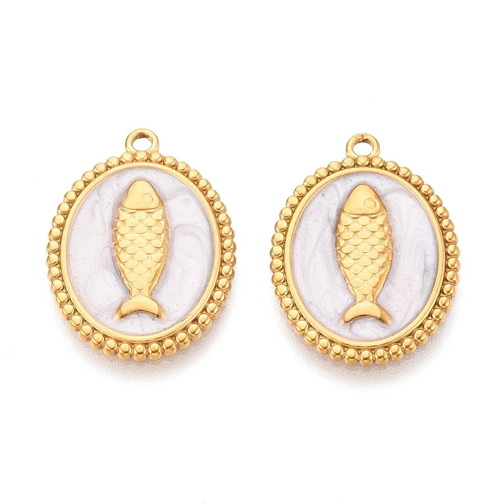 304 Stainless Steel Pendants with Enamel Oval with Fish Charm Real 18K ...