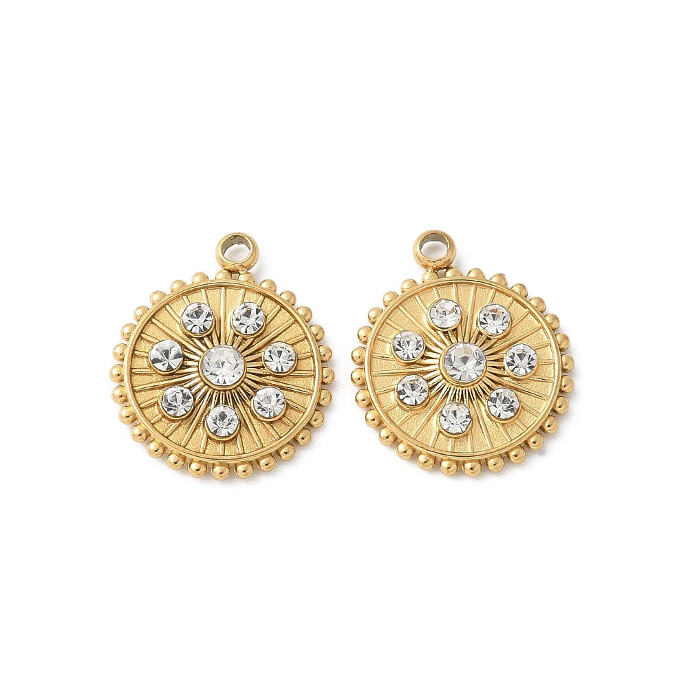 304 Stainless Steel Rhinestone Pendants Flat Round Charms Ion Plating ...