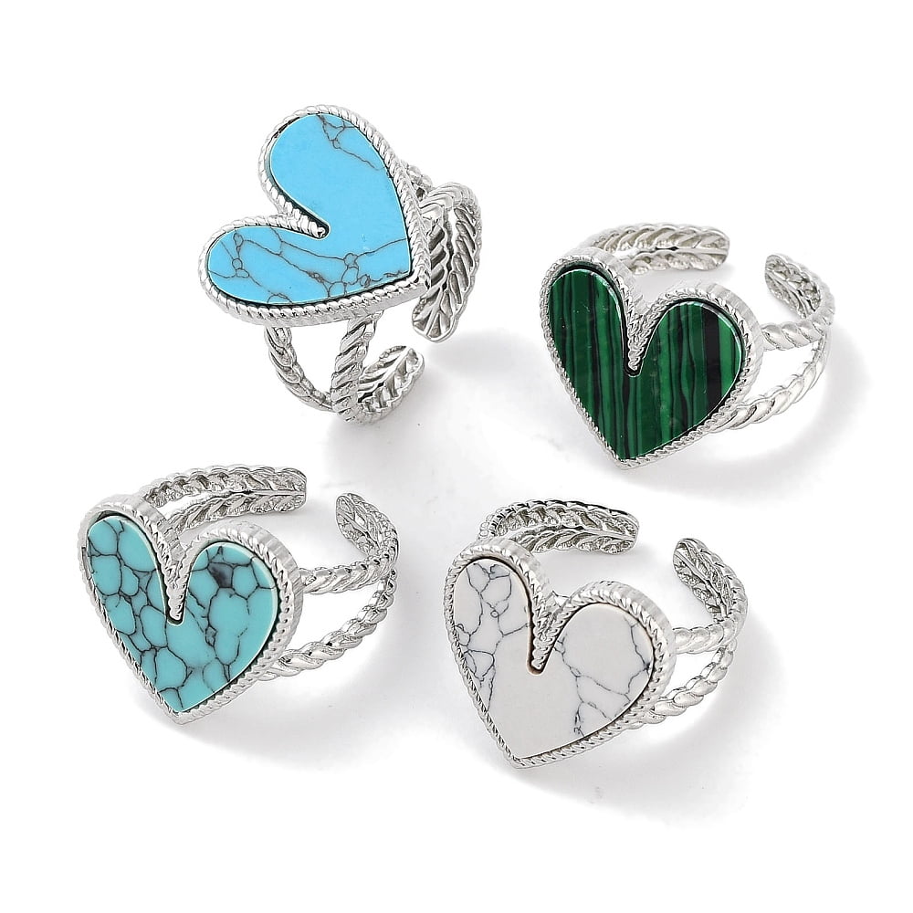 304 Stainless Steel Ring Adjustable Synthetic Mixed Stone Rings Heart ...