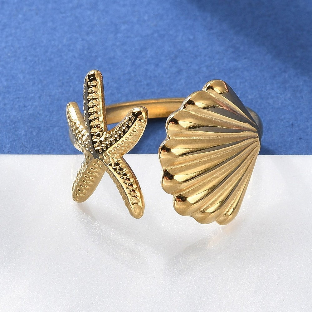 304 Stainless Steel Starfish & Shell Open Cuff Rings for Women Real 18K ...