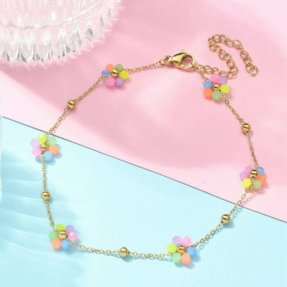 304 Stainless Steel & Stone Daisy Flower Chain Anklets for Women Real 18K golden Plated Colorful ...