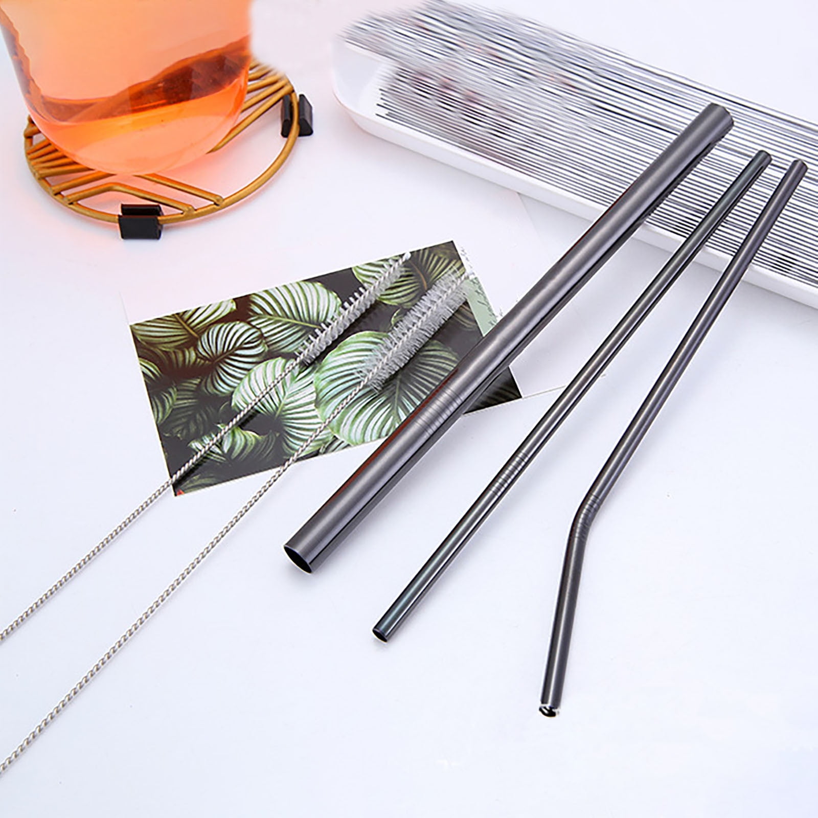 304 Stainless Steel Straw Set Portable Metal Bent Straight Reusable ...