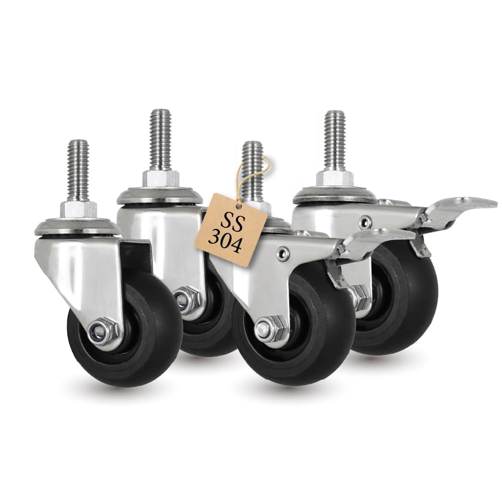 304 Stainless Steel Threaded Stem Caster Wheels, 3/8"-16 x 1 Stem, 2 ...
