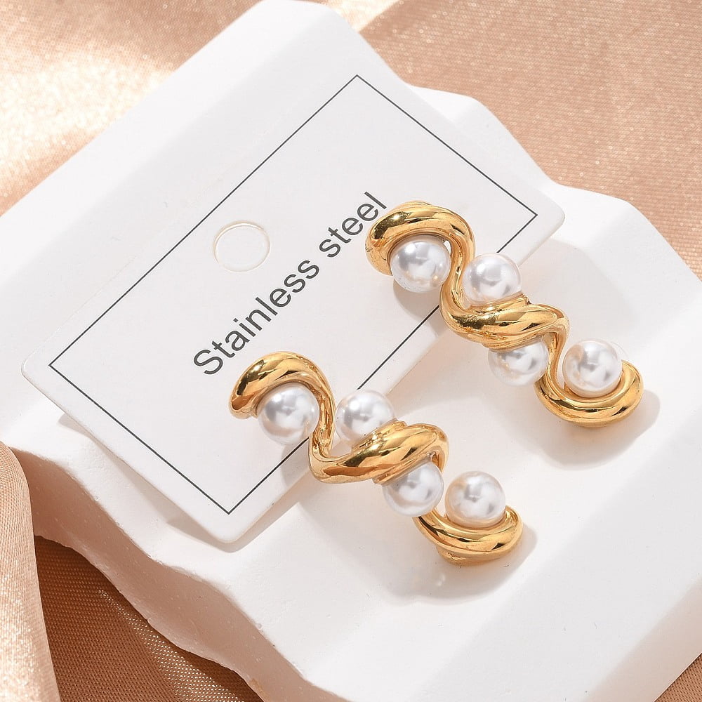 304 Stainless Steel Twist Stud Earrings with Plastic Pearl Ion Plating ...