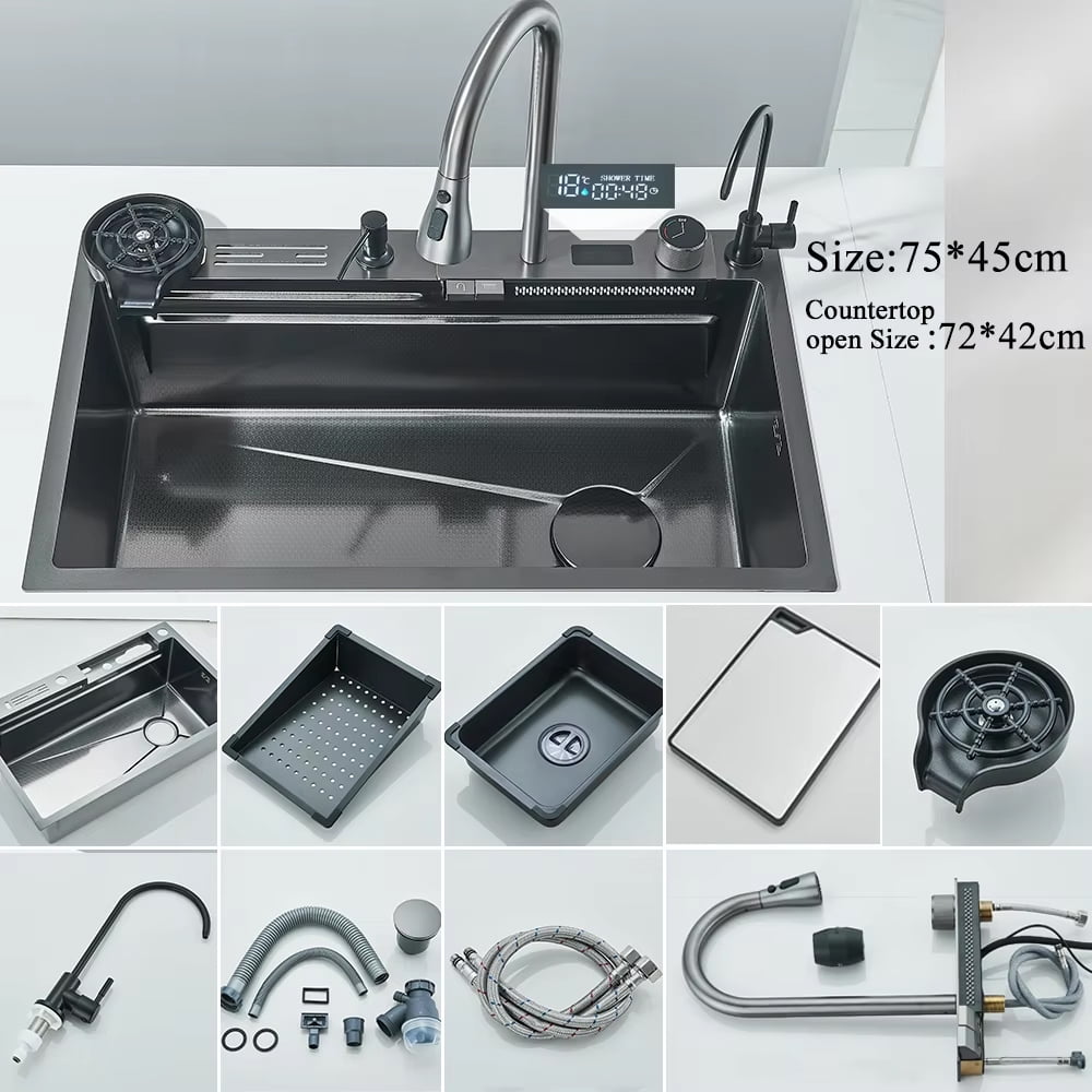 304 Stainless Steel Waterfall Kitchen Sink Large Single Slot Integrated ...
