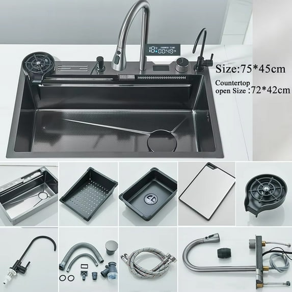 304 Stainless Steel Waterfall Kitchen Sink Large Single Slot Integrated ...