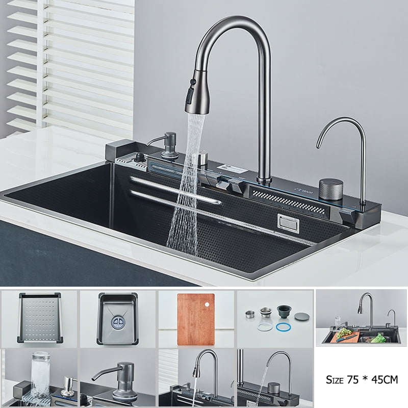 304 Stainless Steel Waterfall Kitchen Sink Large Single Slot Integrated ...