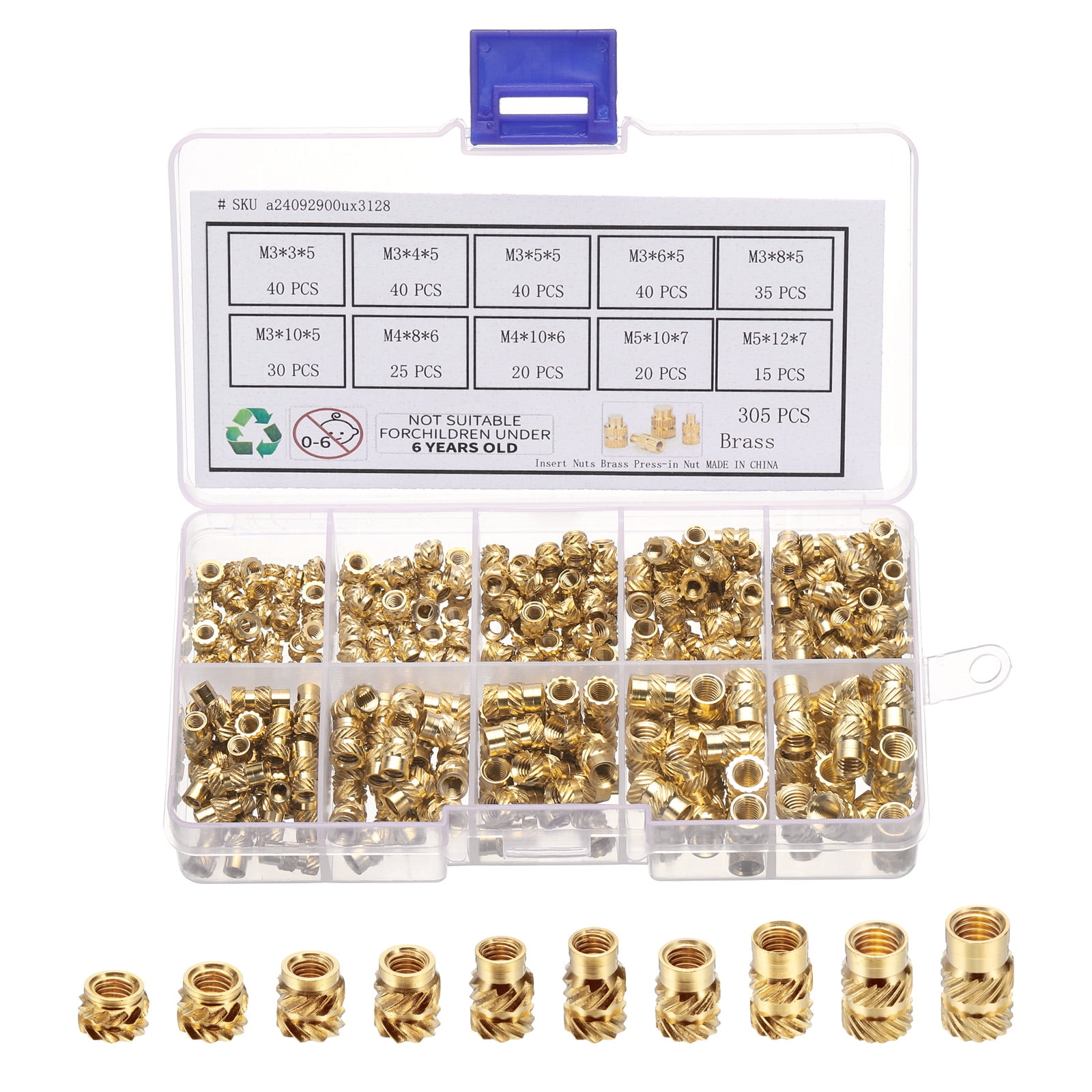 305Pack M3 M4 M5 Metric Threaded Inserts Brass Heat Set Insert Knurled ...