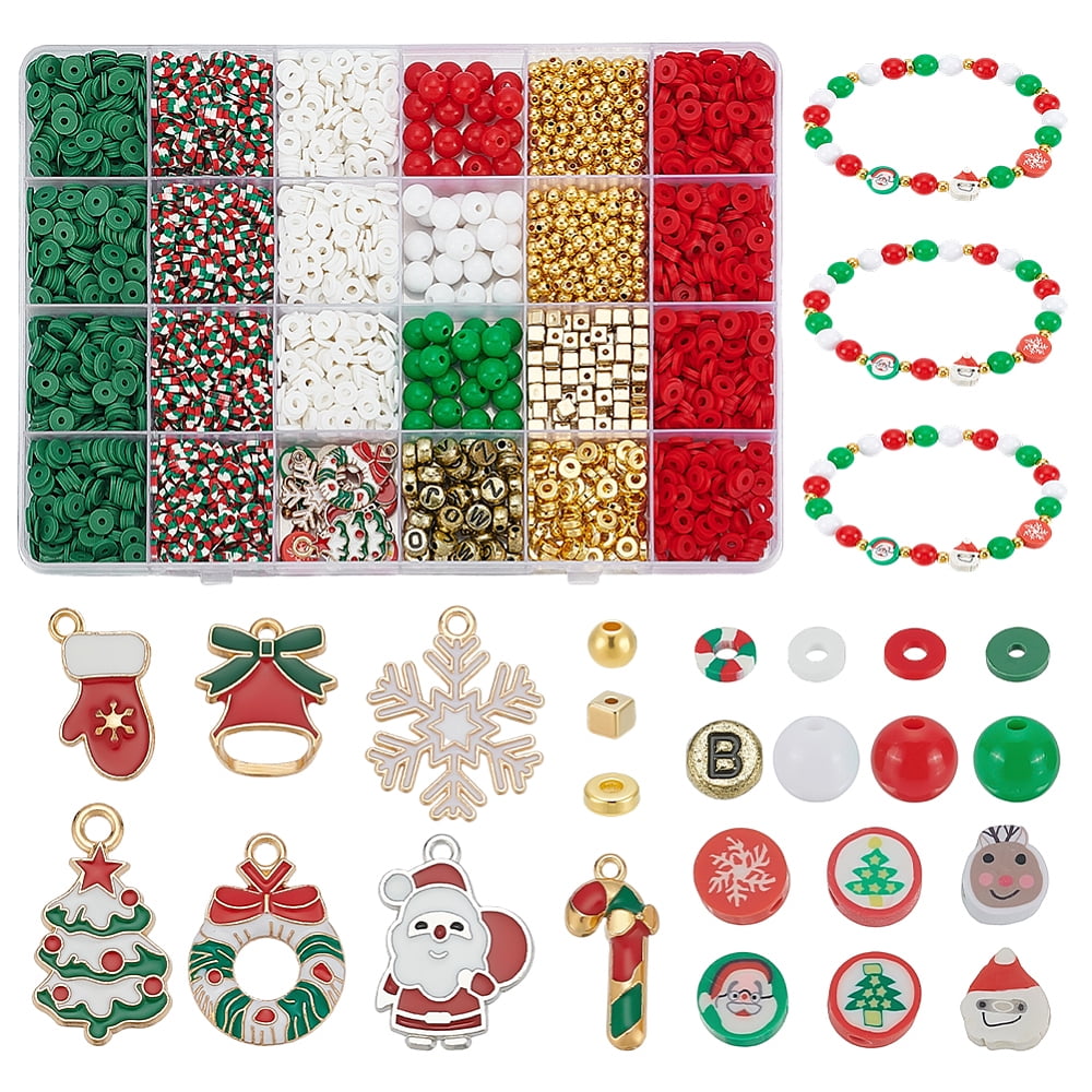 3078pcs Christmas Jewelry Making Kits Red Green Clay Beads Round Gold ...