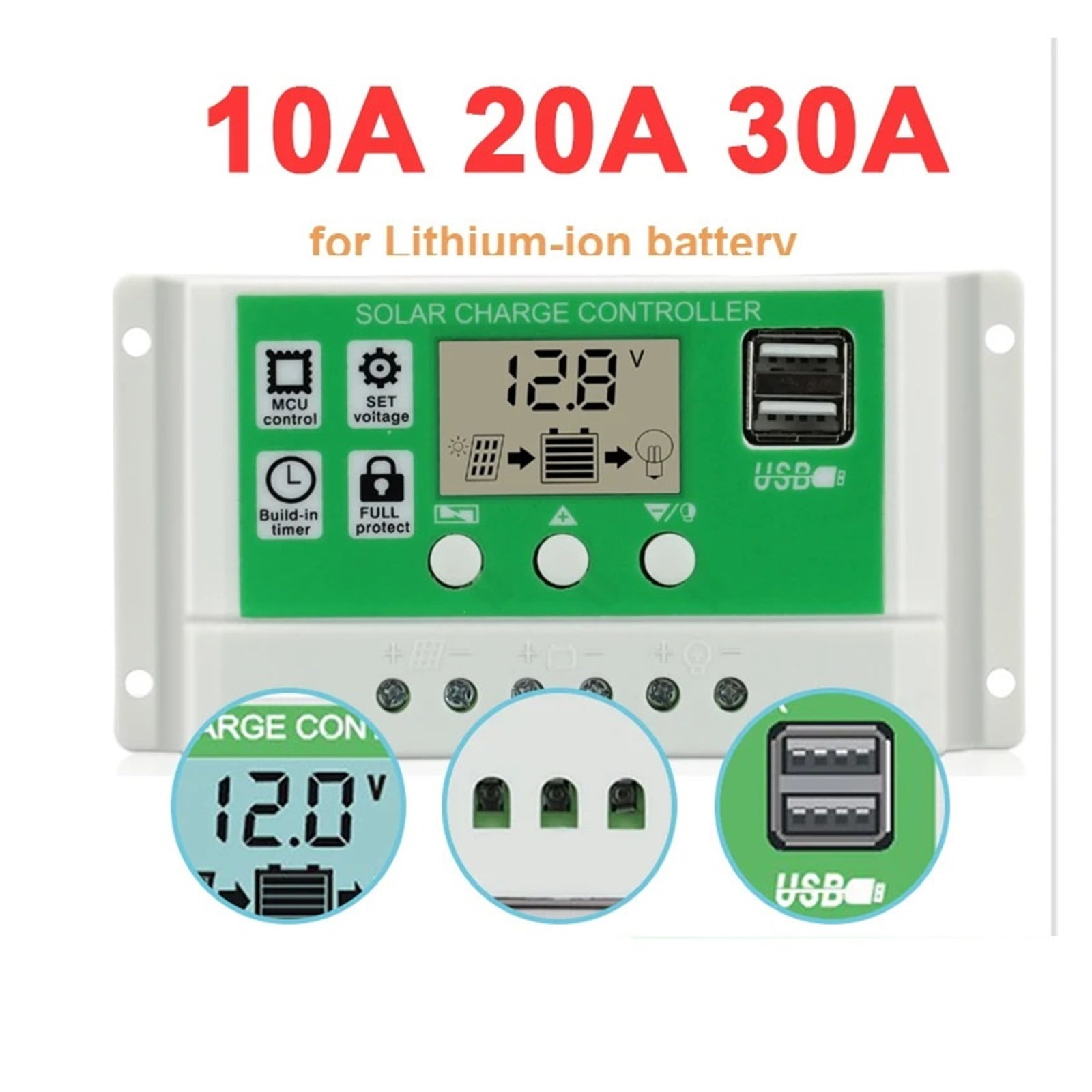 30A 20A 10A PWM Solar Char Controller Lithium Battery Lead Acid Battery 12V 24V Auto With Dual ...