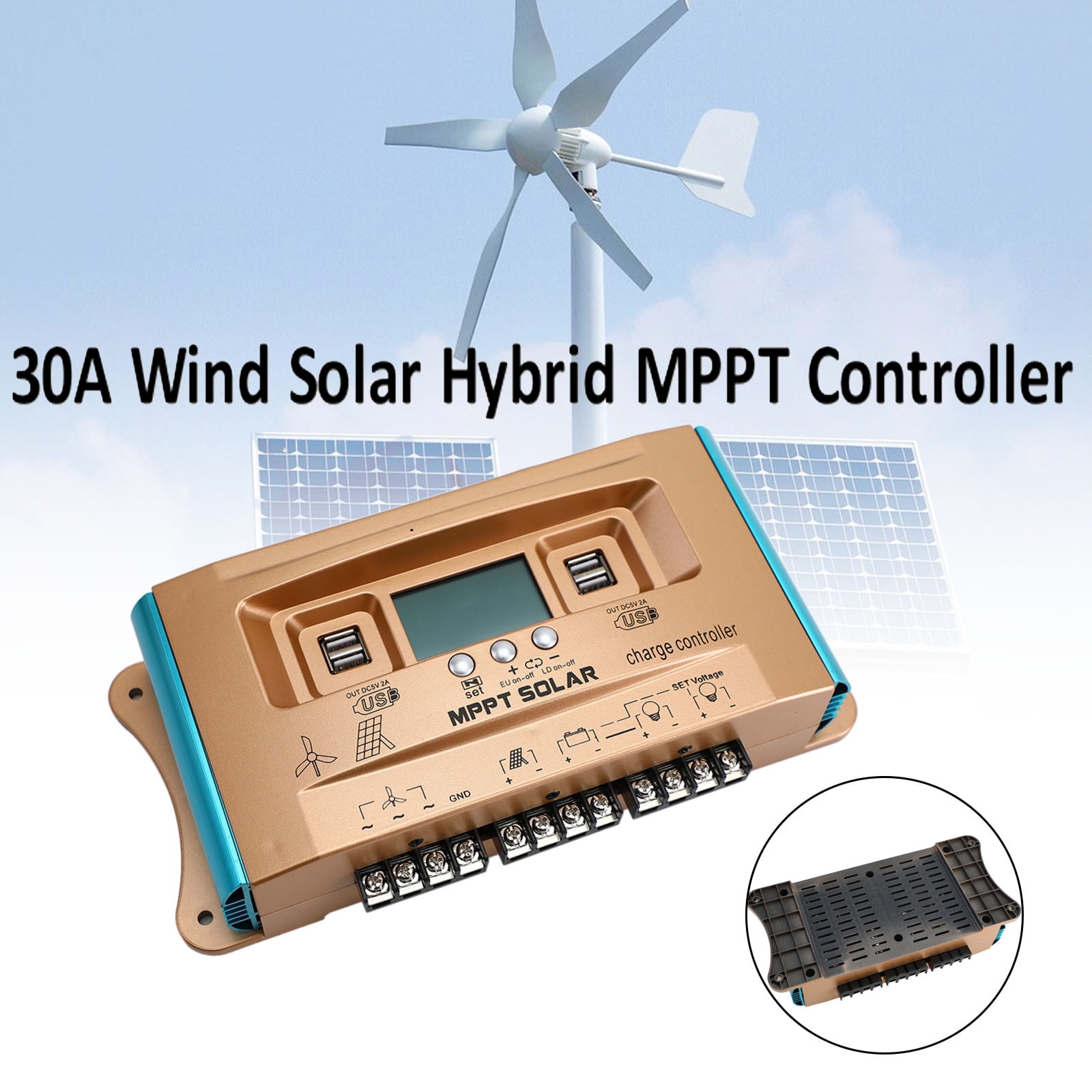 30A MPPT AUTO Dual USB Wind Solar Hybrid Charge Controller Charger 12V ...