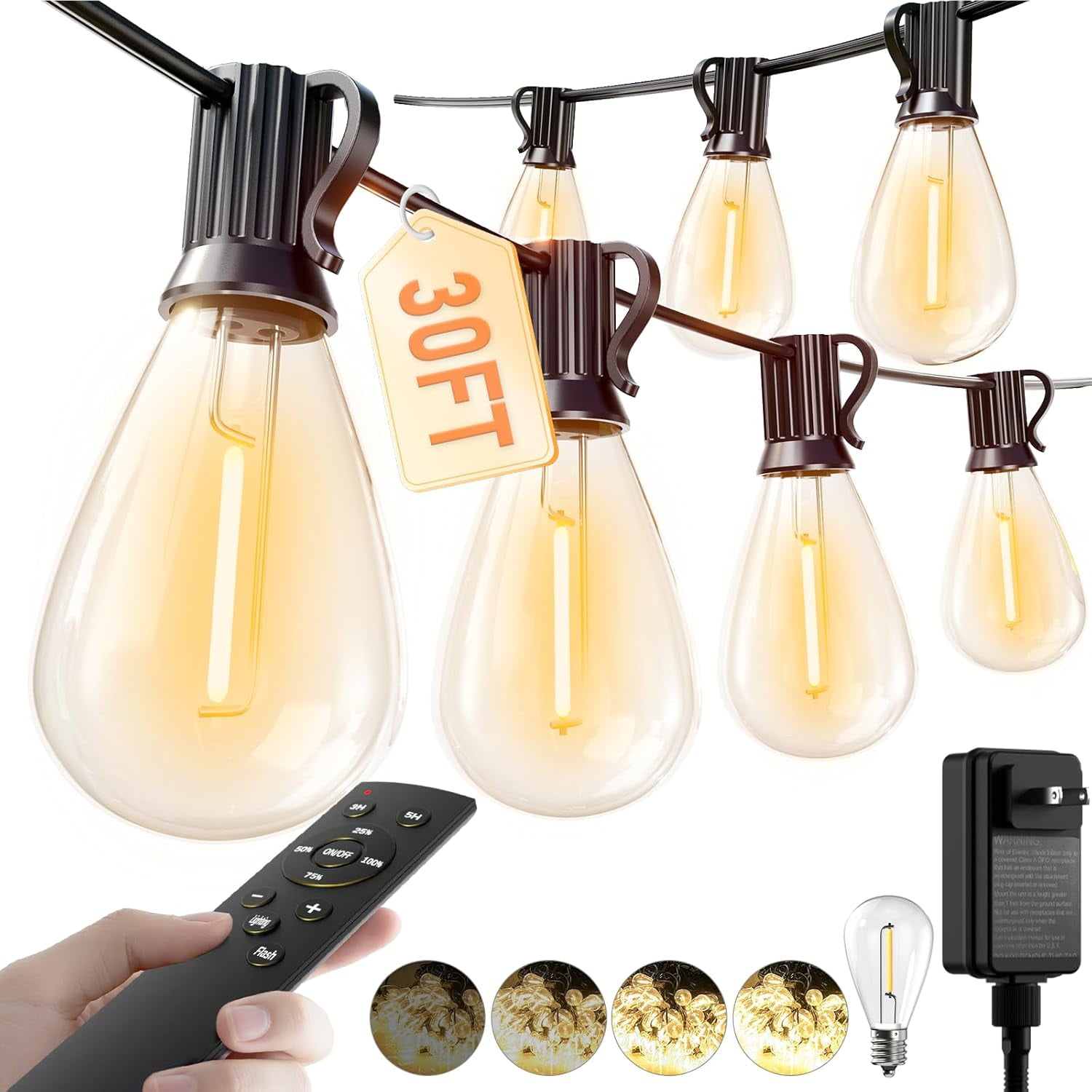30FT LED Outdoor String Lights with Remote, 10+ 1 Shatterproof Bulbs ...