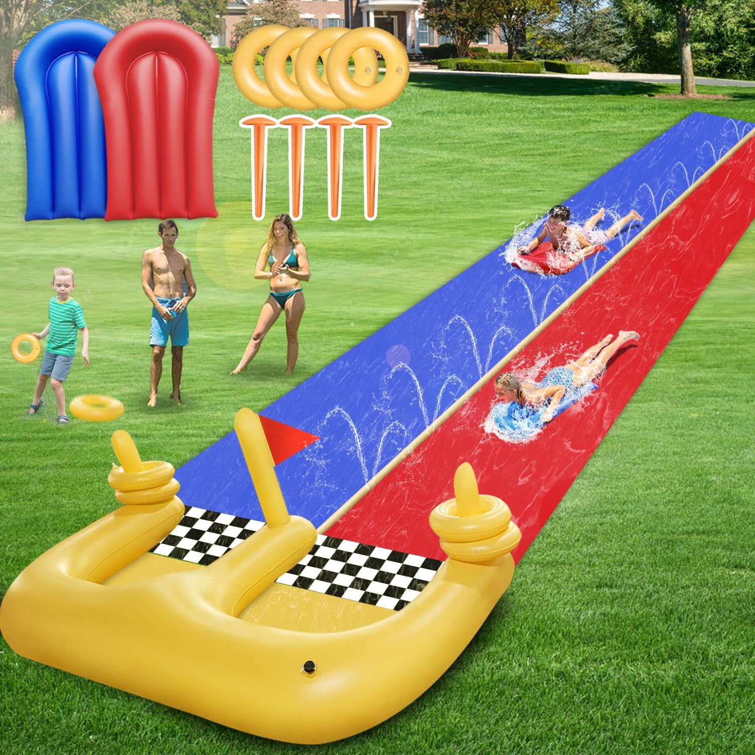 30FT Lawn Water Slide and 2 Inflatable Boards 4 Ring Toss, Extra Long ...