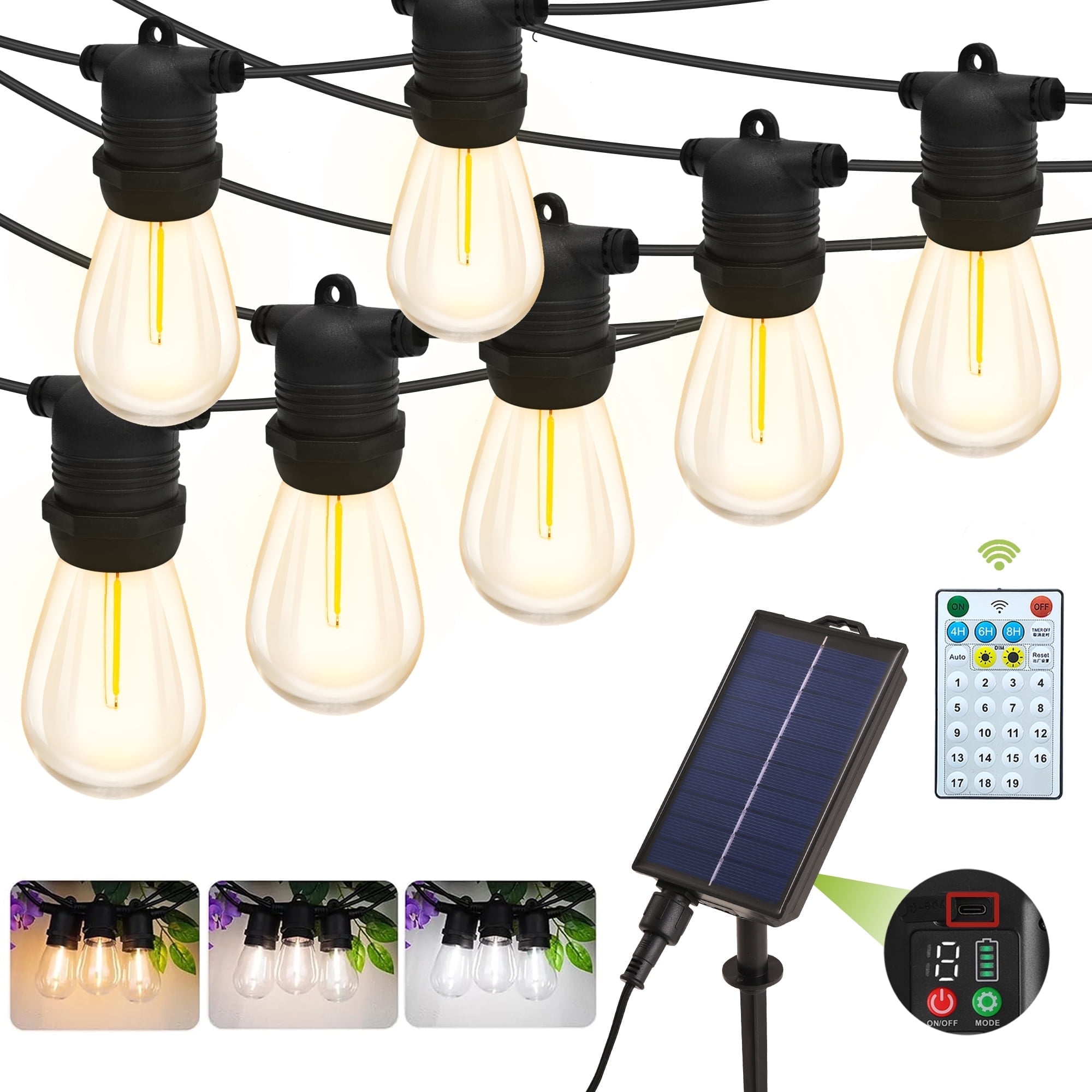 PMS 30FT Solar LED Outdoor String Lights, 3-Color Waterproof Bulbs, USB ...