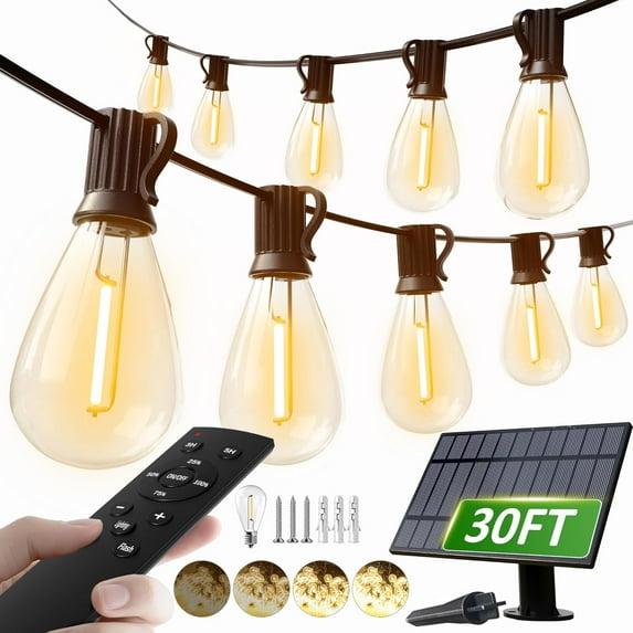 30FT Solar String Lights Outdoor 2200K with Remote & USB , 10+1 LED ...