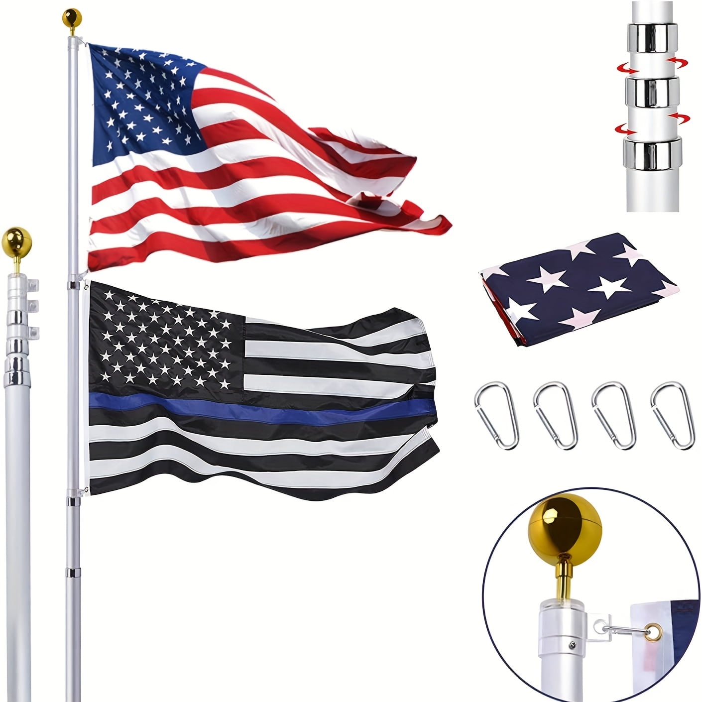 30FT Telescopic Flag Pole Kit for Outdoor in Ground, Extra Thick Black Telescoping Flagpole with ...