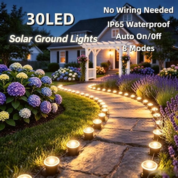 30LED Solar Ground Lights Warm Light, IP65 Waterproof, Auto On/Off, 8 ...