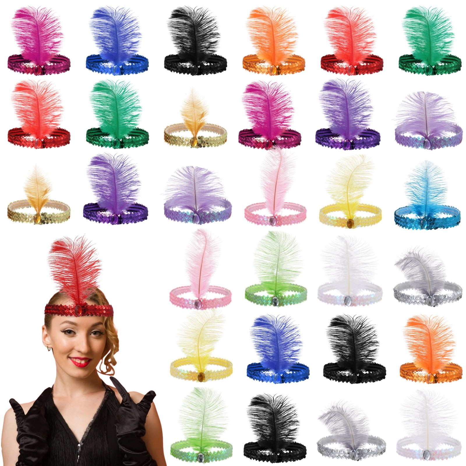 30PCS 1920s Flapper Headbands, Sparkling Sequin Feather Head Band for ...