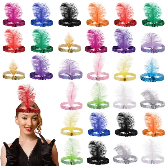 30PCS 1920s Flapper Headbands, Sparkling Sequin Feather Head Band for ...
