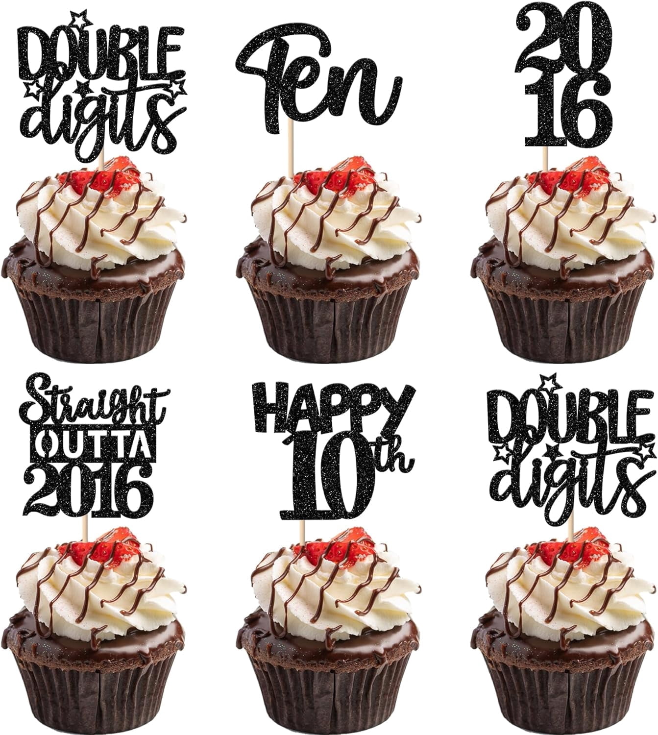 30PCS Black 10th Birthday Cupcake Toppers Glitter Ten Happy 10 Straight ...
