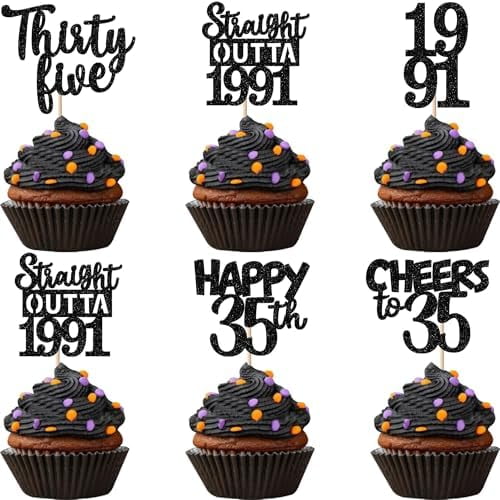 30PCS Black 35th Birthday Cupcake Toppers Glitter Thirty Five Happy 35 ...