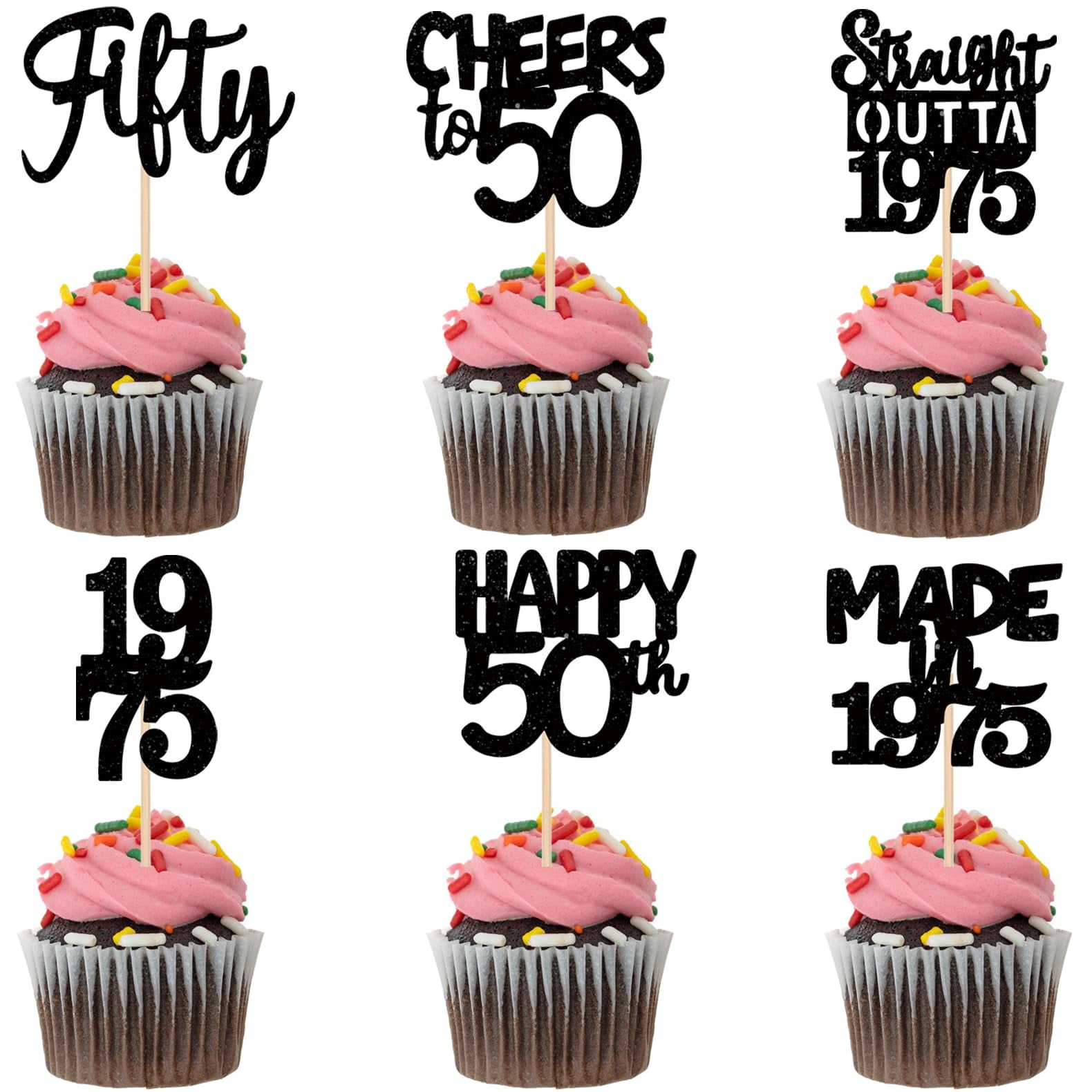 30PCS Black Happy 50th Birthday Cupcake Toppers,Glitter H2FSDStraight ...