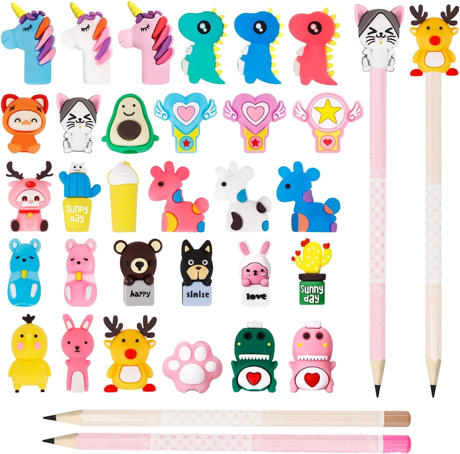 30PCS Cute Pencil Toppers and 4PCS Pencil, Animal Pencil Toppers Funny ...