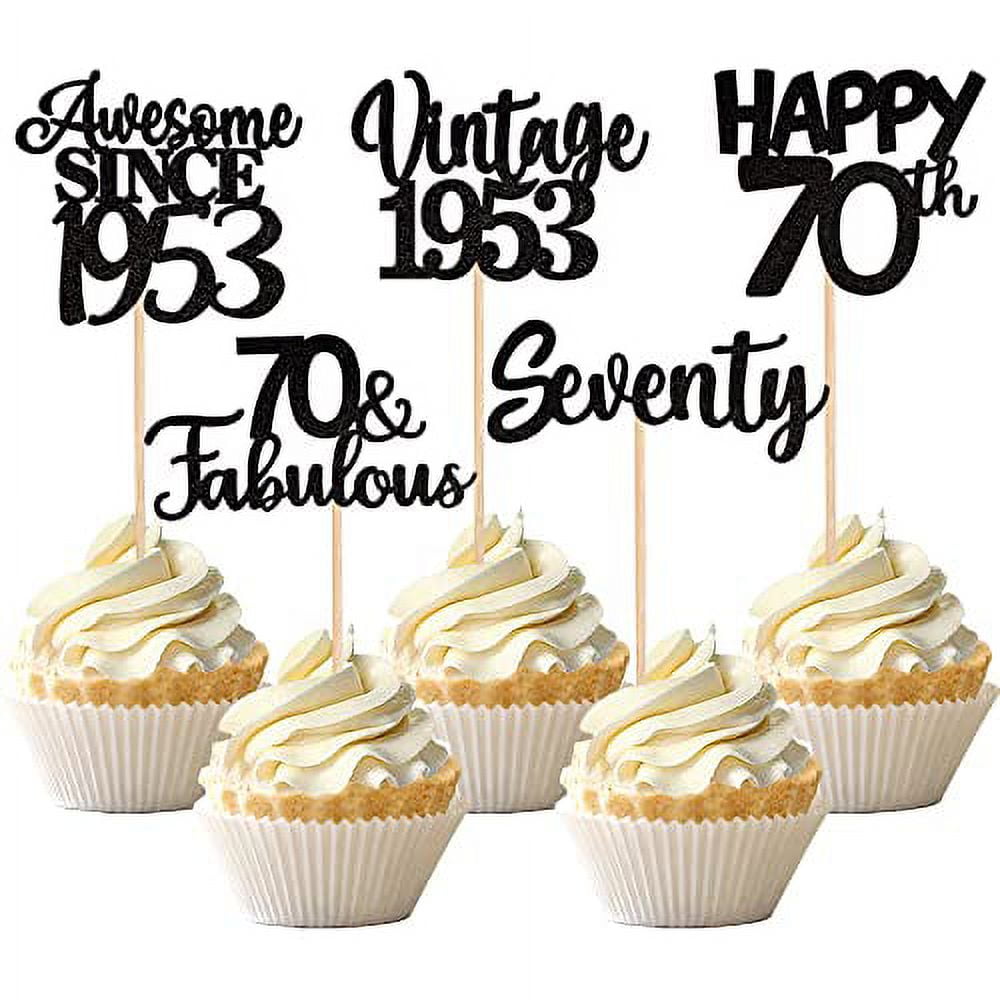 30pcs Happy 70th Birthday Cupcake Toppers Glitter Seventy Vintage 1953