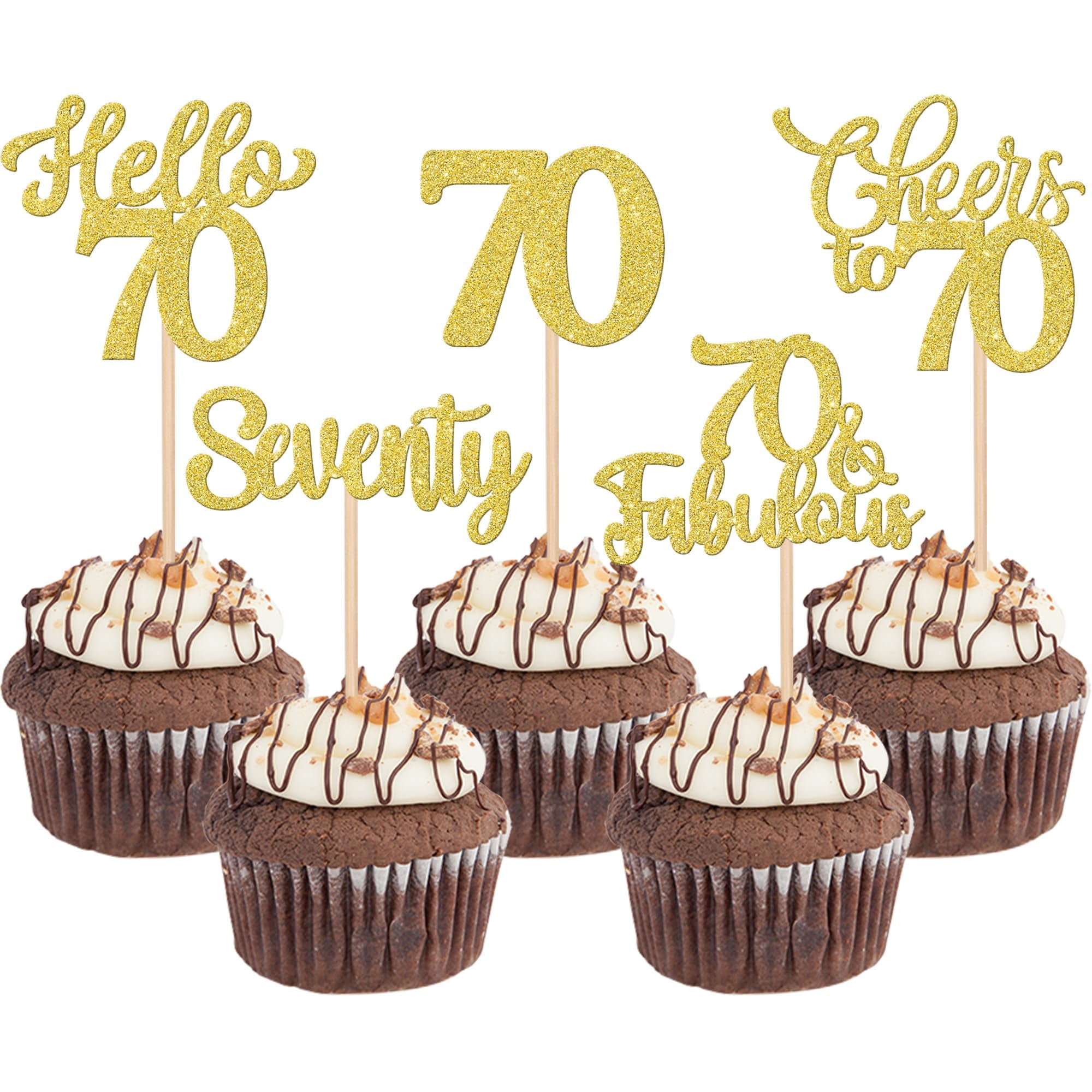 30PCS Happy 70thITSC Birthday Cupcake Toppers Glitter Hello 70 Seventy ...