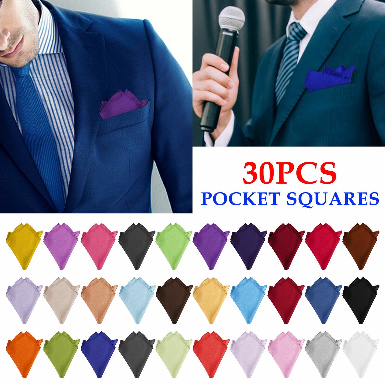 30PCS Mens Handkerchiefs Solid Color Set Handkerchief Hanky Silk Pocket ...