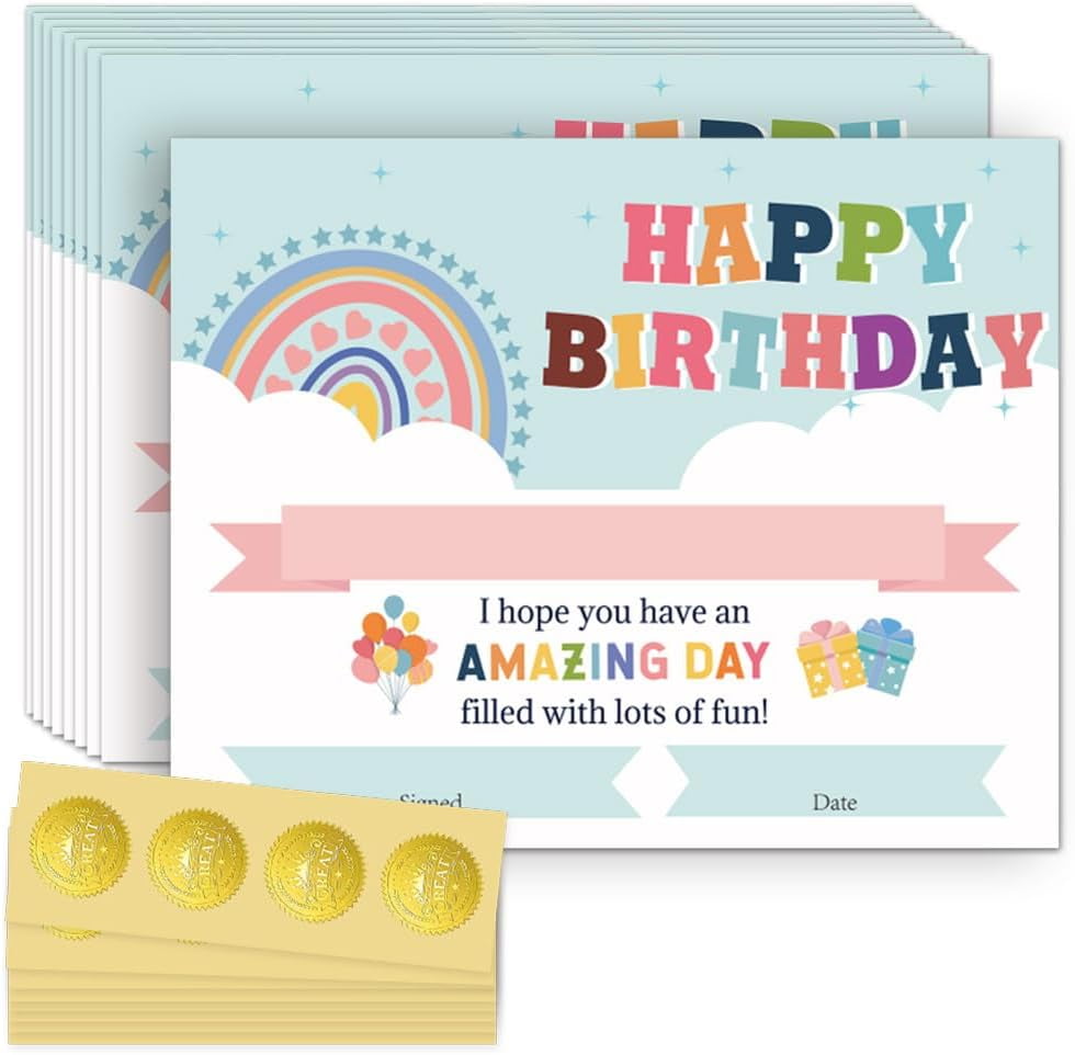 30PCS Rainbow Happy Birthday Certificates Paper with 32Pcs Gold Seal ...