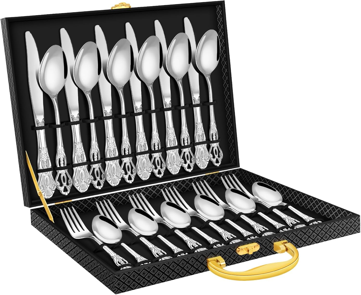 30PCS Silver Flatware Set, Retro Royal Silverware Set for 6 with Case ...