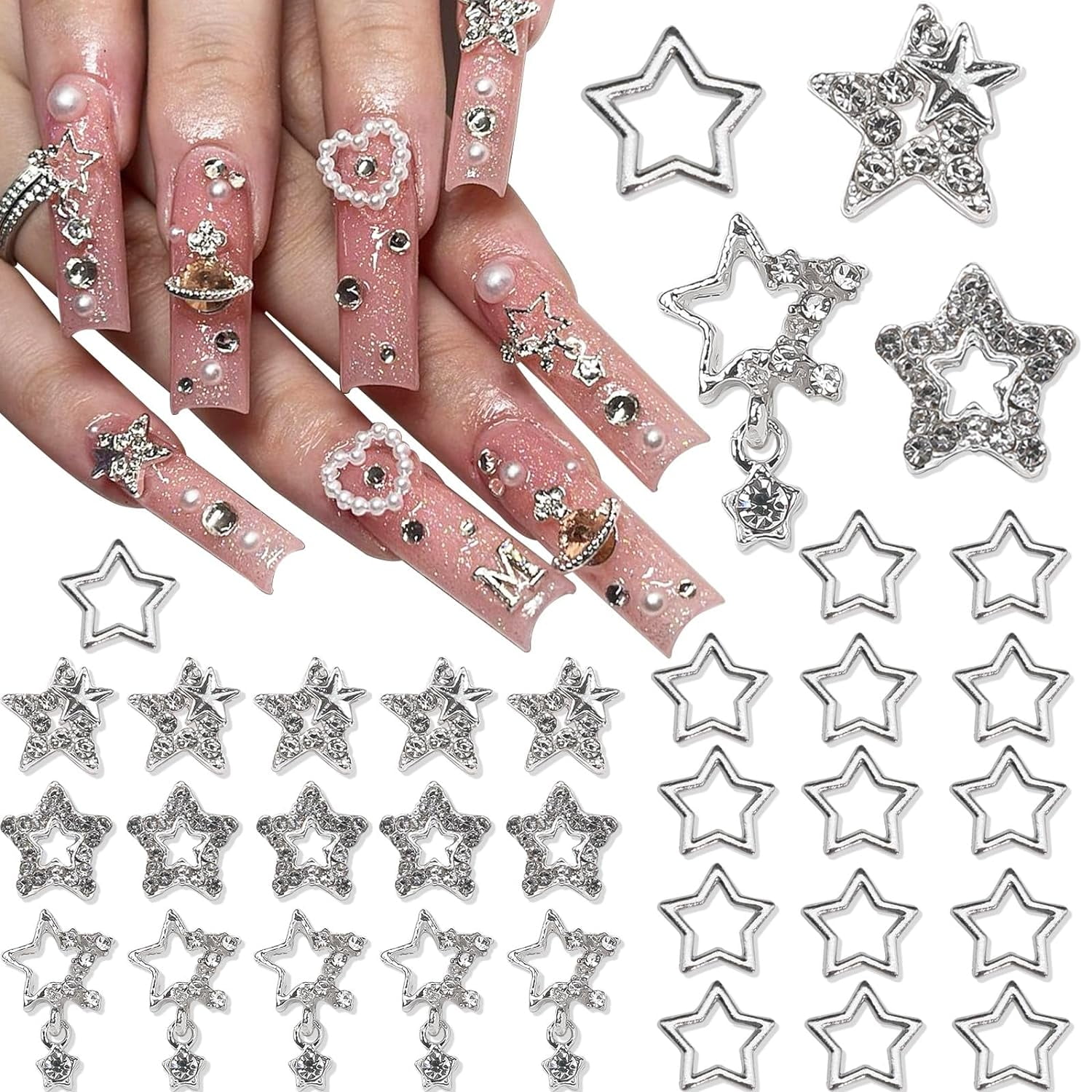 30PCS Star Nail Charms 3D Alloy Nail Art Charms 4 Styles Silver Stars ...
