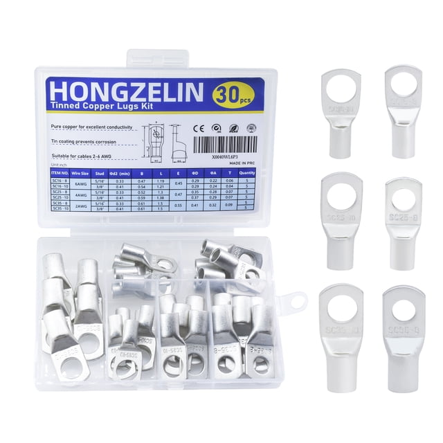 30PCS Tinned Copper Wire Lug Lugs SC Ring Terminals Crimp Battery Cable ...