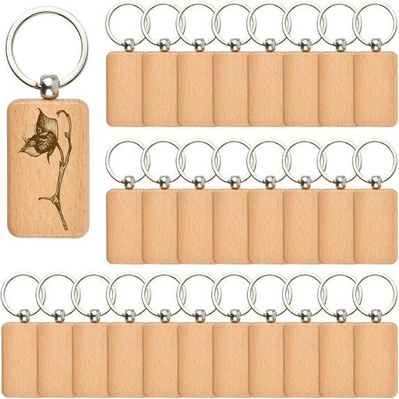 30PCS Wooden Keychain Blanks Unfinished Key Ring Key Tag Wood Engraving ...