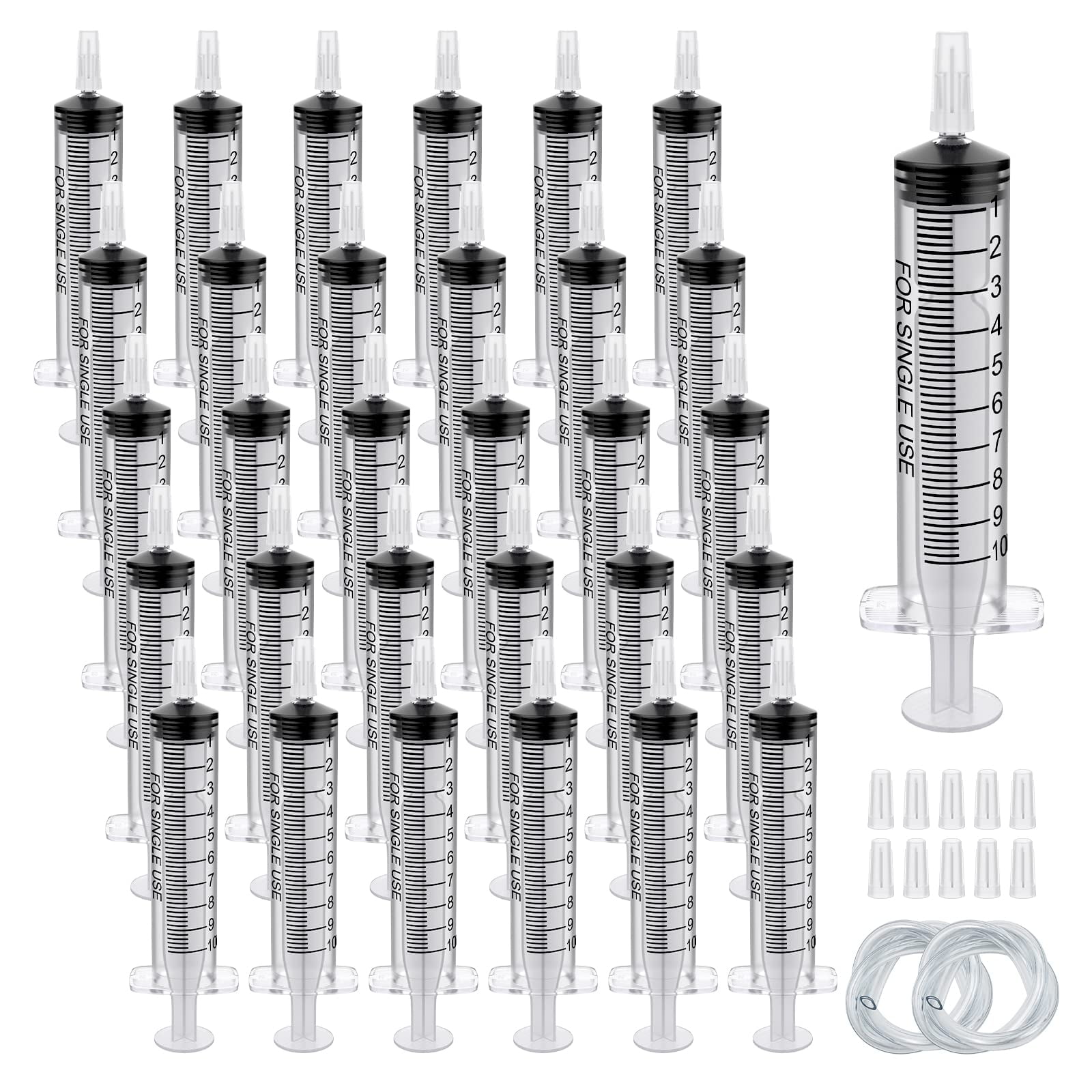 30Pack 10ml Plastic Syringe Sterile Individual Wrap with Cap&Soft Tube ...
