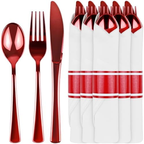 30Pack Red Pre Rolled Plastic Silverware - Wrapped Red Disposable ...