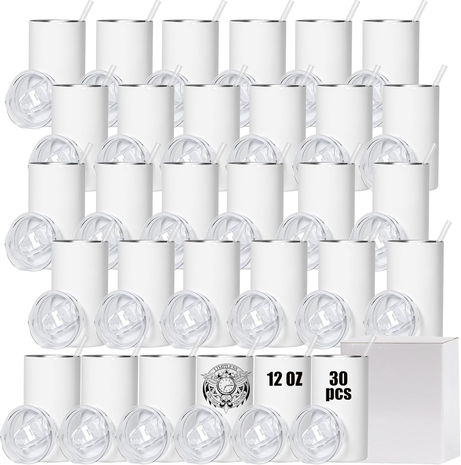 30Pack Sublimation Tumblers Blanks, 12oz Straight Sublimation Tumbler with Lid and Plastic Straw ...