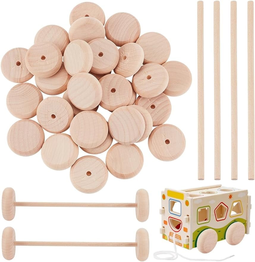 30Pcs 1.5x0.5Inch Wooden Craft Wheels with 15Pcs 5.9Inch Wooden Sticks ...