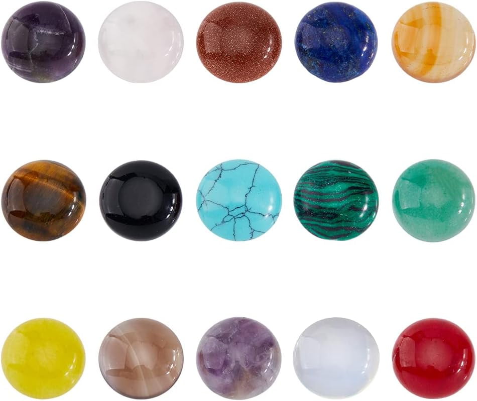 30Pcs 15 Styles Natural Cabochon Gemstone 16mm Half Round Dome Flatback ...