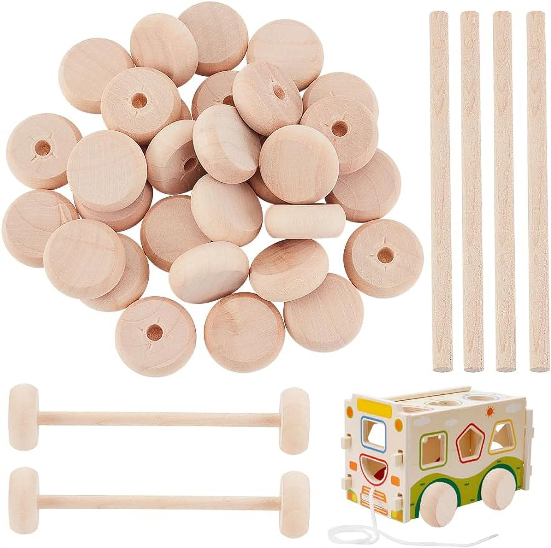30Pcs 1x0.4 Inch Wooden Craft Wheels with 15Pcs 4 Inch Wooden Sticks ...