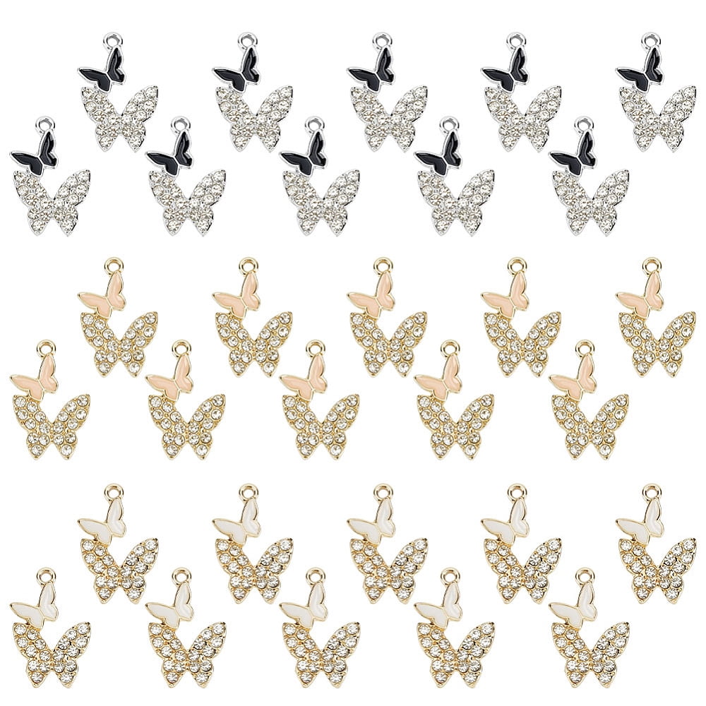 30Pcs 3 Colors Alloy Enamel Pendants with Rhinestone Butterfly Charm ...