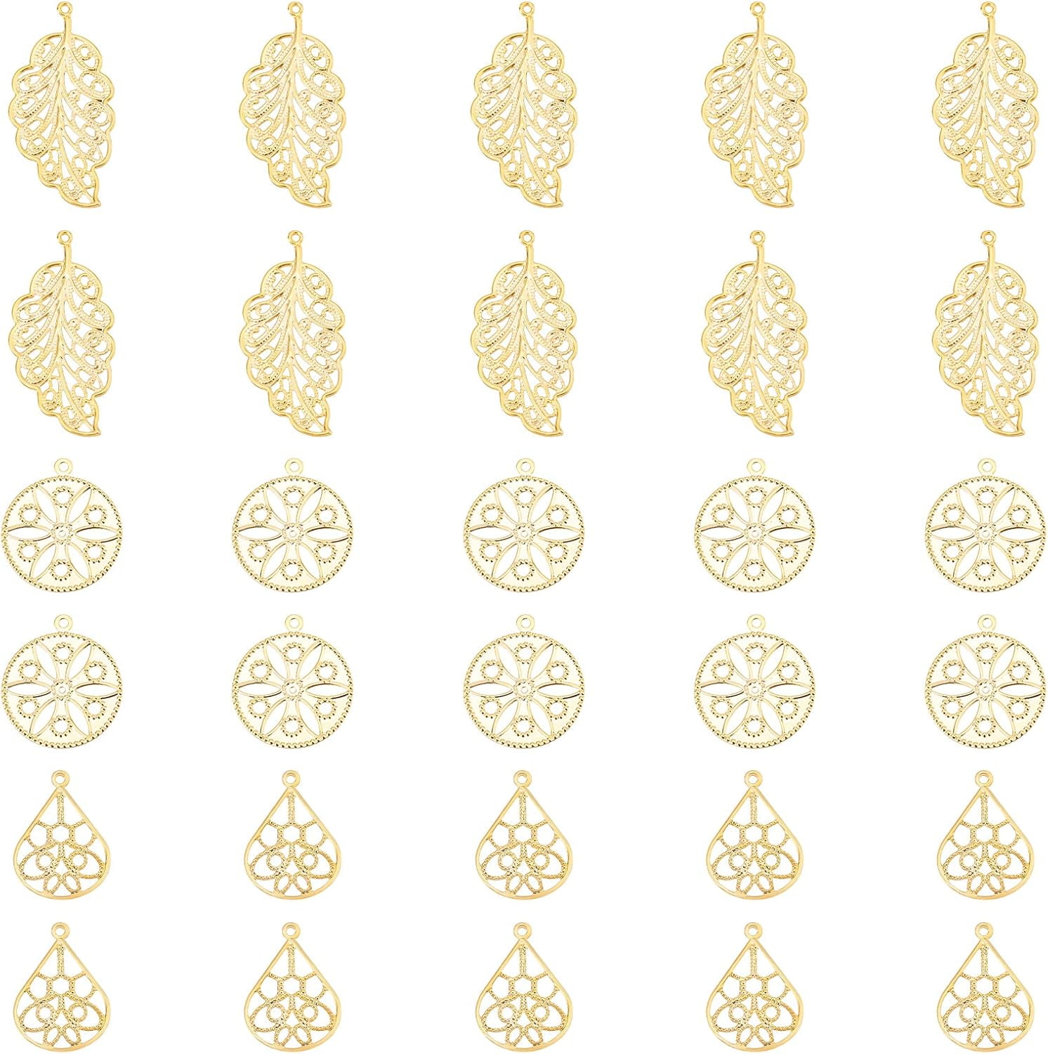 30Pcs 3 Styles Leaf Charms Pendants Golden Teardrop Pendants Stainless ...