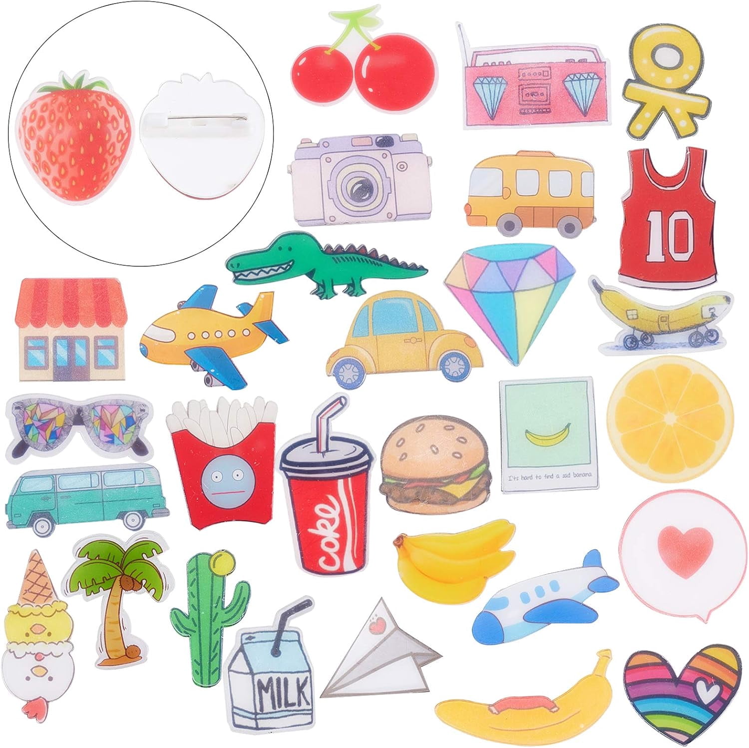 30Pcs 30 Styles Cute Foods Pins Acrylic Safety Brooches Pins Cartoon ...