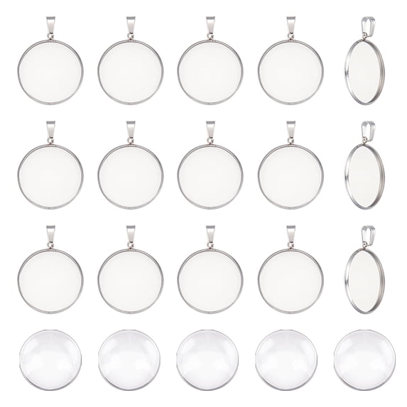 30Pcs 304 Stainless Steel Pendant Cabonchon Settings Flat Round with ...