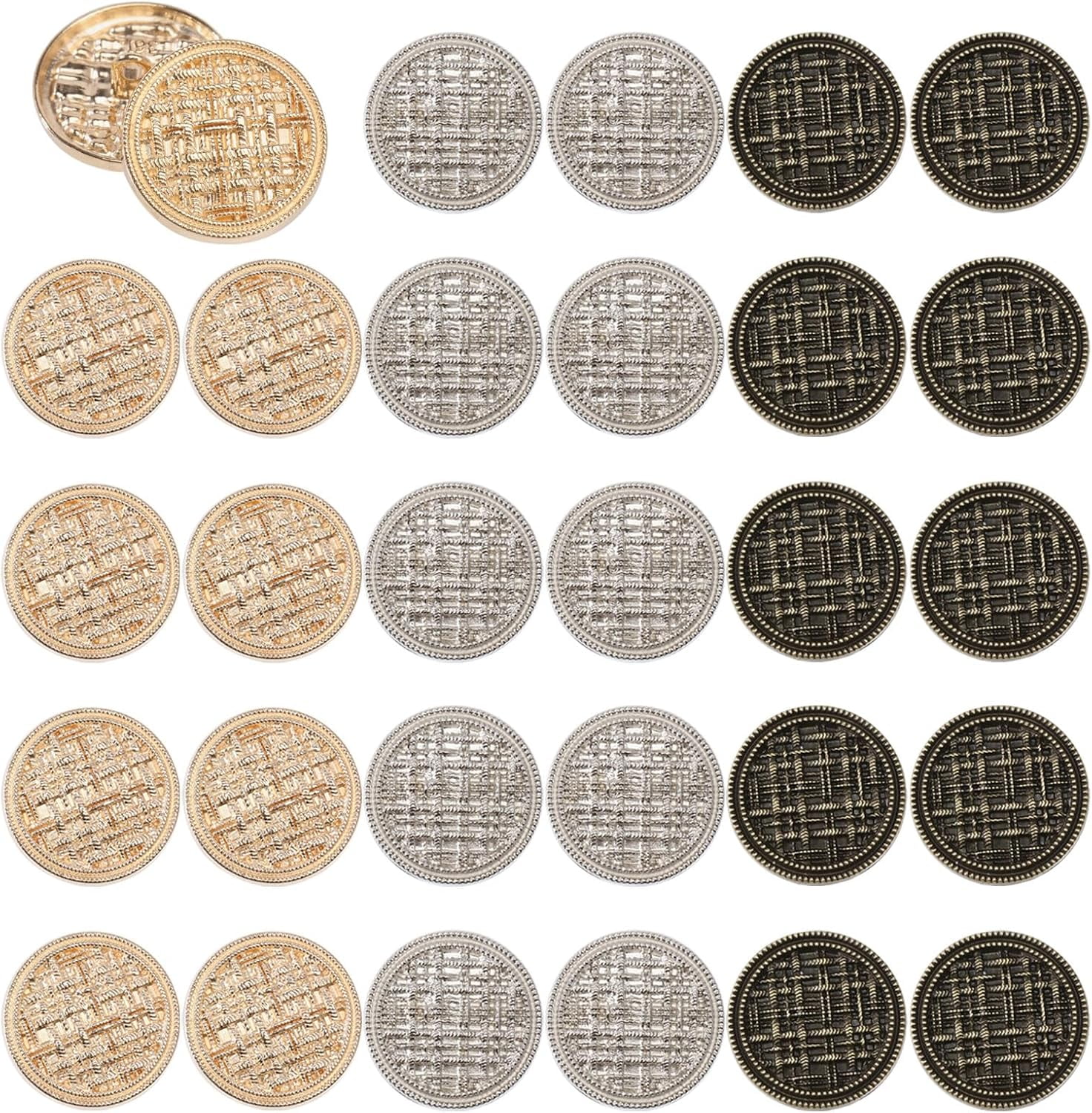 30Pcs 3Styles Zinc Alloy Shank Buttons Flat Round with Grid Sewing ...
