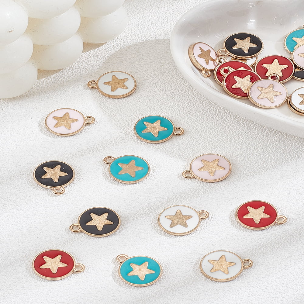 30Pcs 5 Colors Alloy Enamel Pendants Light Gold Flat Round with Heart ...