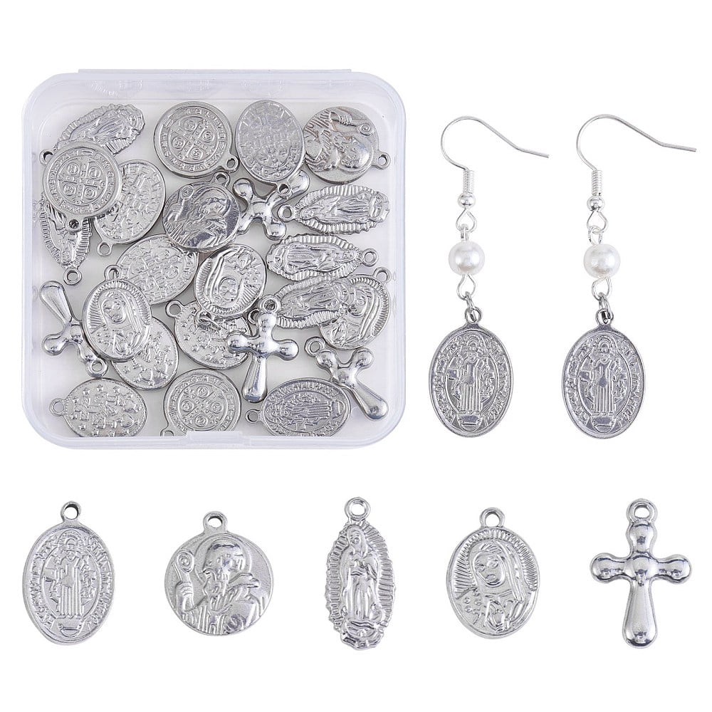 30Pcs 5 Style 201 Stainless Steel Pendants Oval with Flat Round with ...