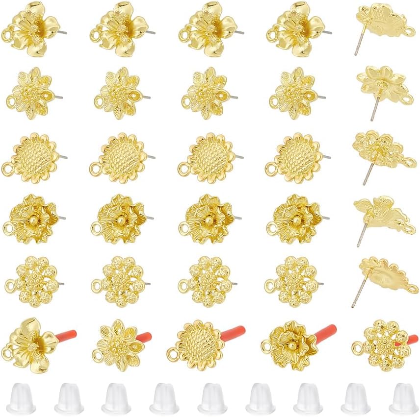 30Pcs 5 Style Stud Earring Findings Golden Flower Earring Posts with ...