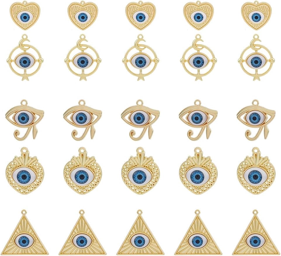 30Pcs 5 Styles Evil Eye Charms Blue Evil Eye Bead Charms Golden Blue ...